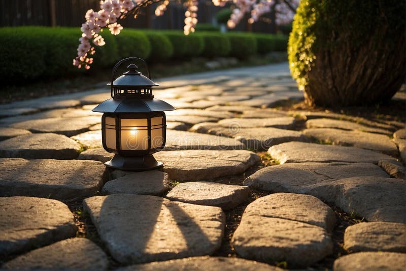 Lantern on a Stone Path in the Garden with Cherry Blossoms Stock ...