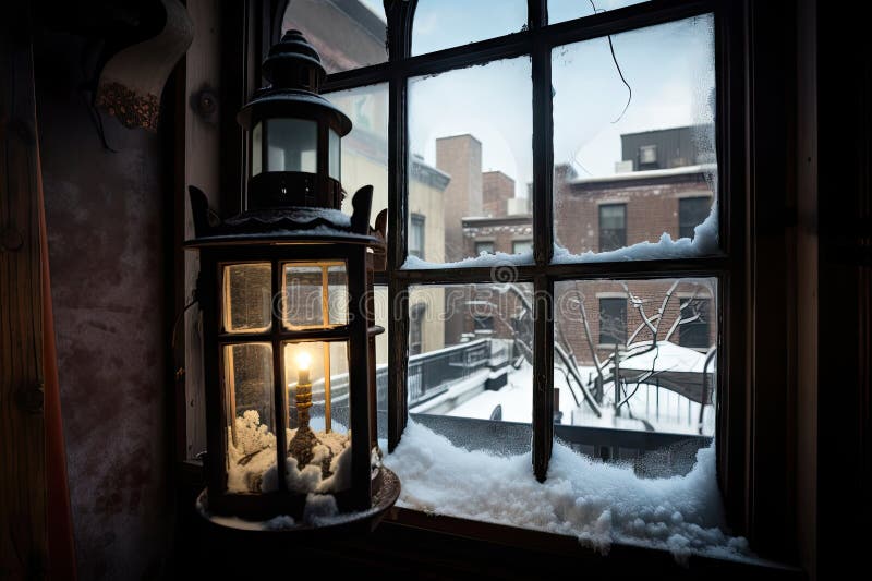 A Lantern-strewn Window, with a View of Snowy Rooftops Stock ...