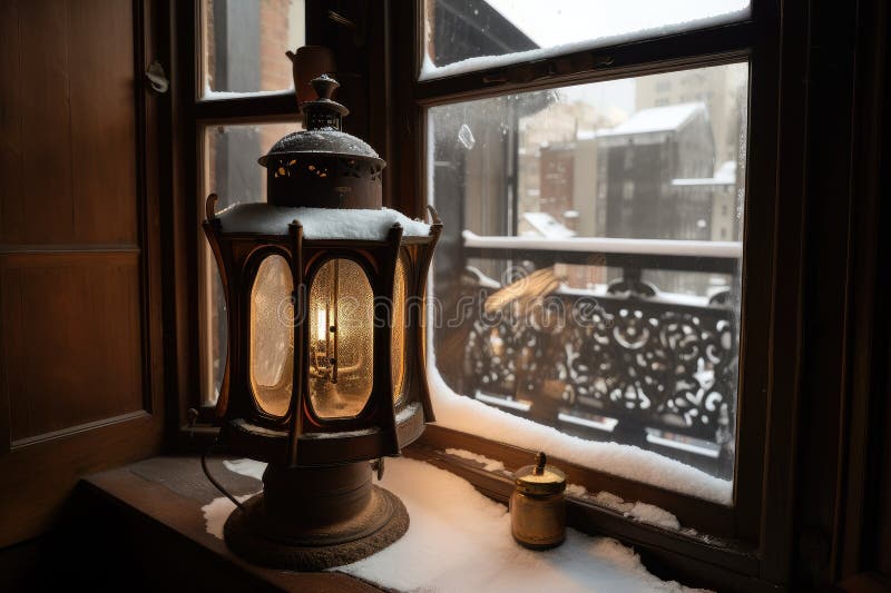 A Lantern-strewn Window, with a View of Snowy Rooftops Stock ...