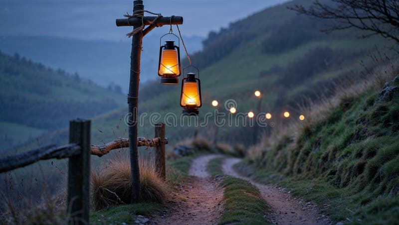 Lantern Swings Gently from Shepherd?s Staff on Hillside Path in Morning ...