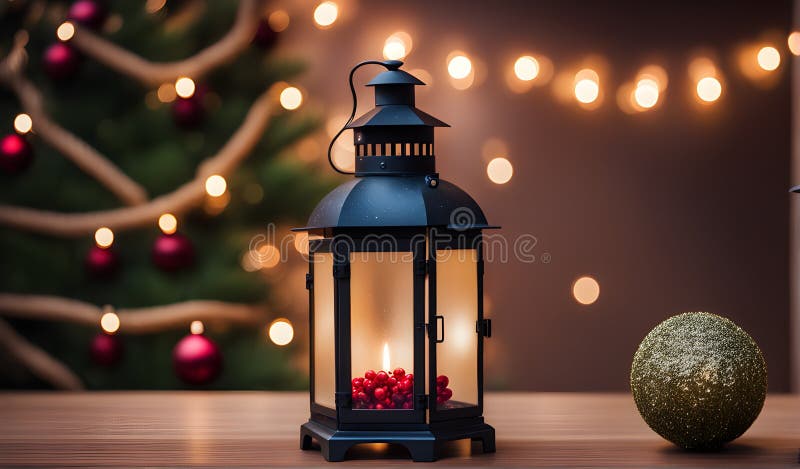 Lanternon a Table with Decoration and String Lights Bokeh and ...