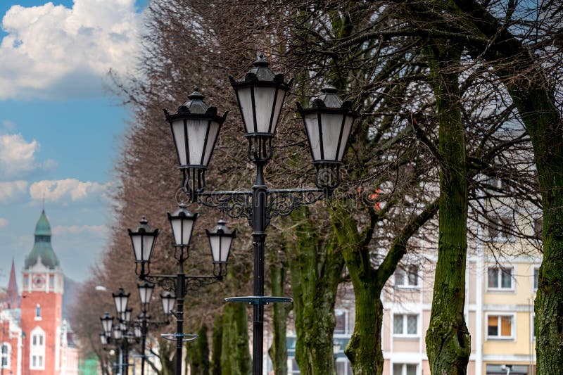 Lanterns Along the Promenade Stock Image - Image of lighting, city ...