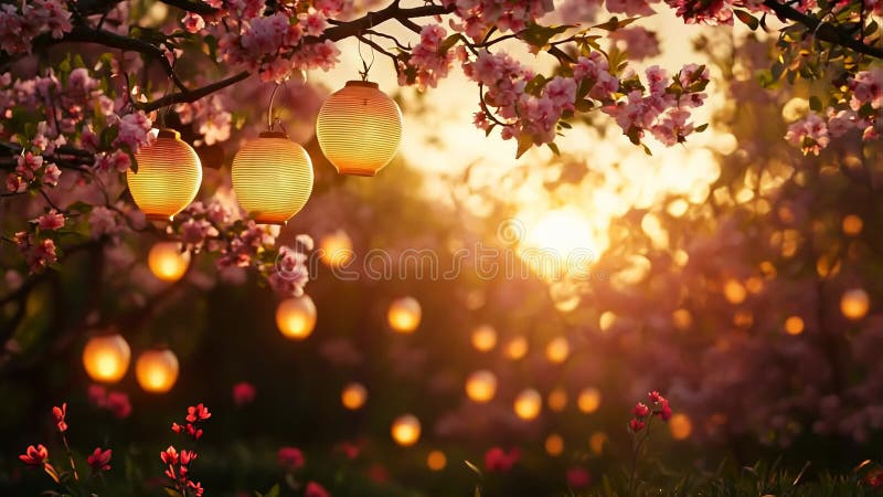 Lanterns and Blossoms at Sunset in a Serene Garden Scene Stock Video ...