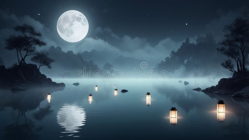 Lanterns Float on a Still Lake Under a Full Moon Stock Illustration ...