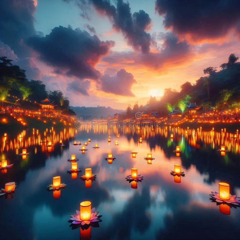 Lanterns Float on Tranquil Water at Dusk, Reflecting a Vibrant Sky ...