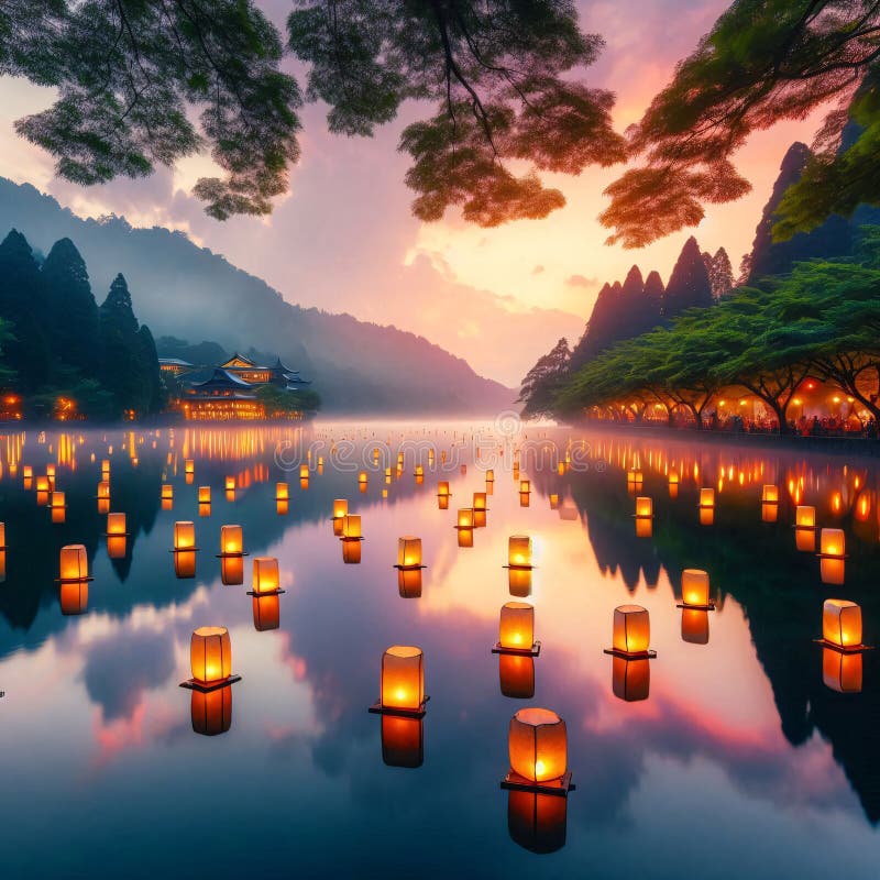 Lanterns Float on Tranquil Water at Dusk, Reflecting a Vibrant Sky ...