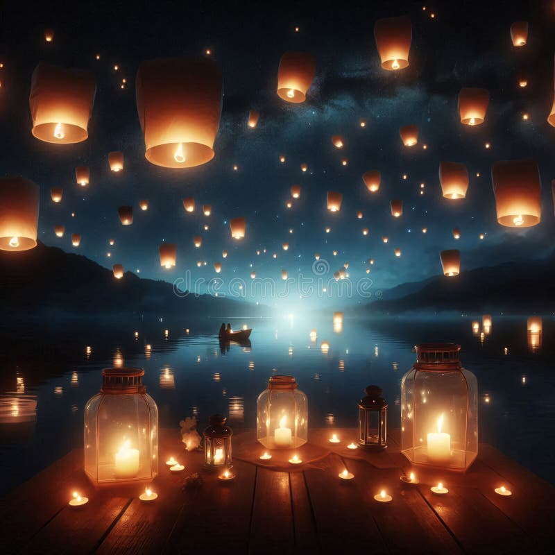Lanterns Float on Tranquil Water Under a Night Sky, Casting a Warm Glow ...