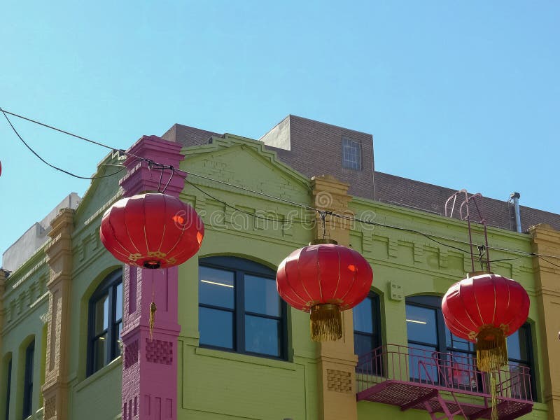 Lanterns in Front of a Brightly Colored Building in Chinatown of San ...