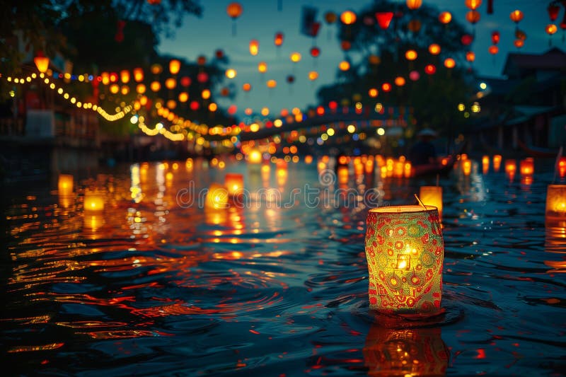 Lanterns Floating in Water at Night Stock Photo - Image of ritual ...