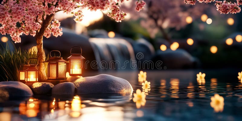 Lanterns Glowing by Peaceful Water Near Cherry Blossom Tree, Gentle ...
