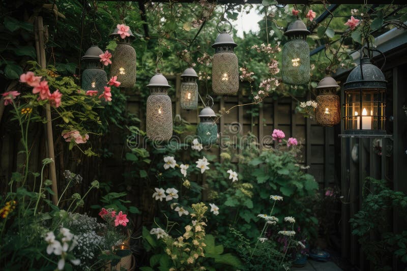 Lanterns Hanging from Garden Trellis, Surrounded by Blooming Plants ...