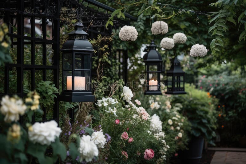 Lanterns Hanging from Garden Trellis, Surrounded by Blooming Plants ...