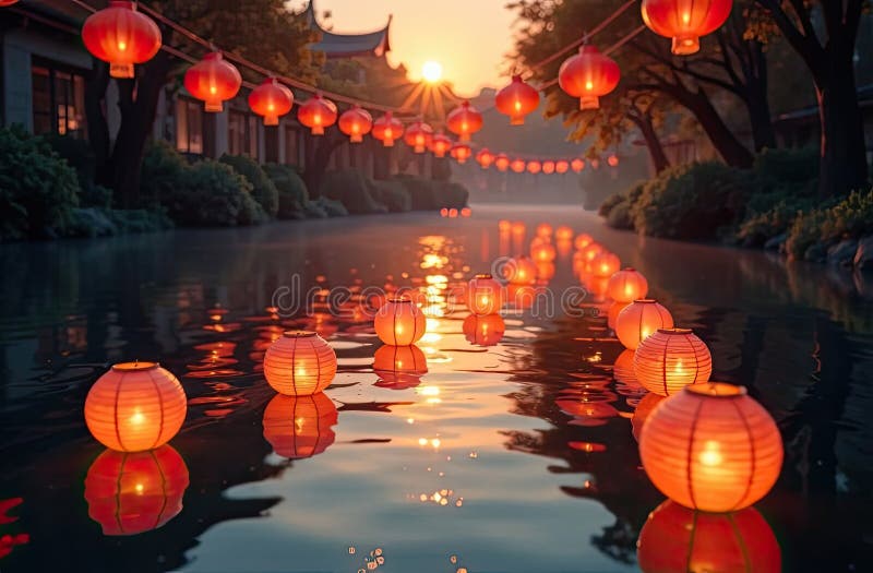 Lanterns Illuminated Along a Tranquil Waterway during Sunset in a ...