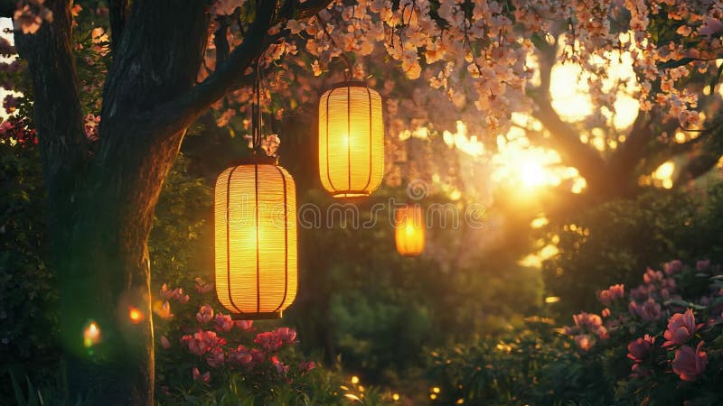 Lanterns Illumined in a Serene Blossom Garden at Sunset Stock Video ...