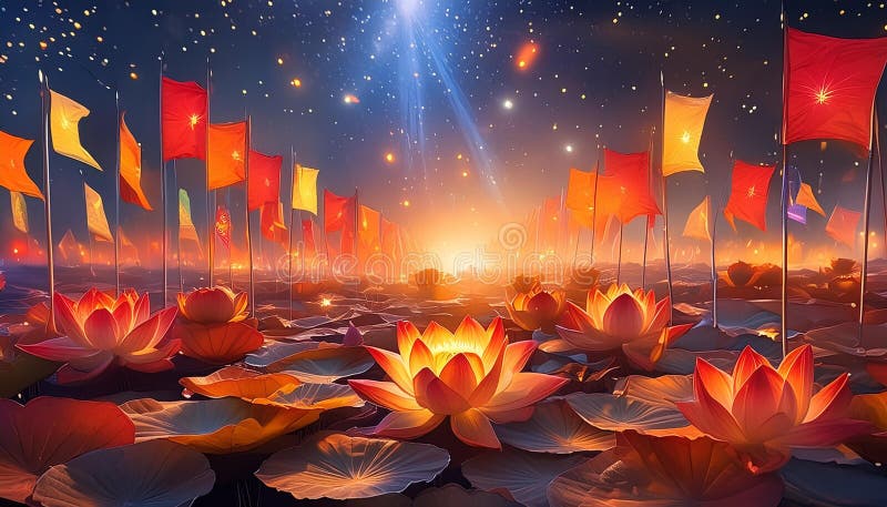 Lanterns Lotus Flower and Hindu Flags at Night Stock Illustration ...