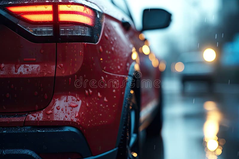 Lanterns of a Red Car in Rainy Weather on the Road. Generative Ai Stock ...