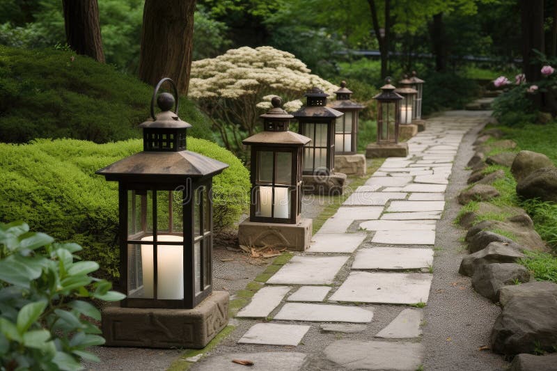 Lanterns on a Stone Path, Leading To a Serene Garden Setting Stock ...