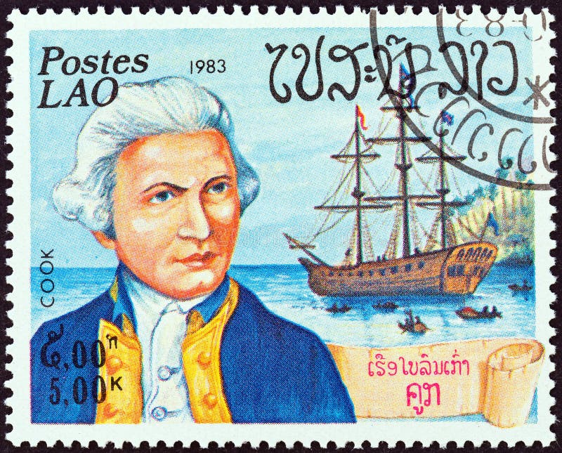 LAOS - CIRCA 1983: a Stamp Printed in Laos Shows James Cook and H.M.S ...