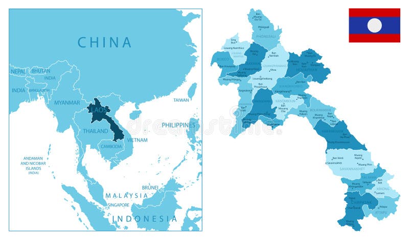 Laos - Highly Detailed Blue Map. Stock Vector - Illustration of marker ...