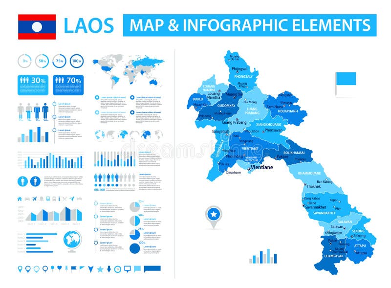 Laos Infographic Map with Data Visualization Elements - Vector Map of ...