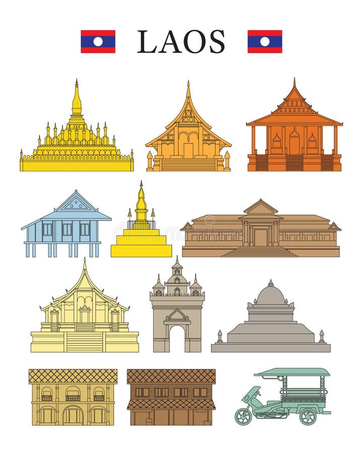 Laos Landmarks and Culture Object Set Stock Vector - Illustration of ...
