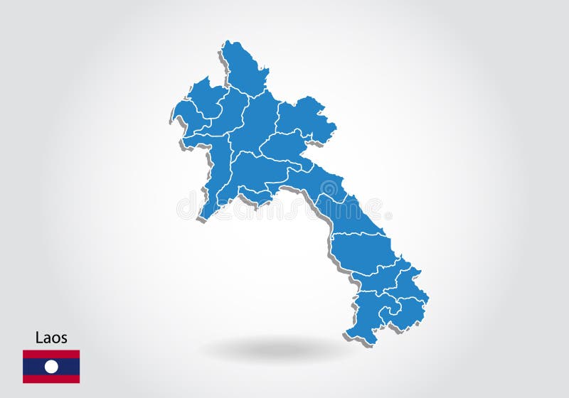 Laos Map Design with 3D Style. Blue Laos Map and National Flag Stock ...