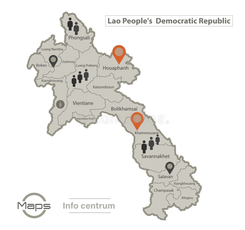 Laos Map, Individual Regions with Names, Infographics and Icons Stock ...