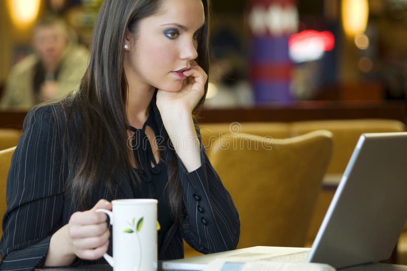 Woman Using Laptop Pc Sitting in Cafe Stock Photo - Image of sensual ...