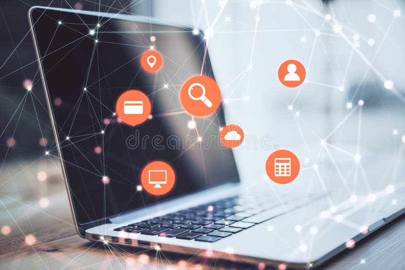Laptop with Abstract Computer Cloud Interface Stock Photo - Image of ...
