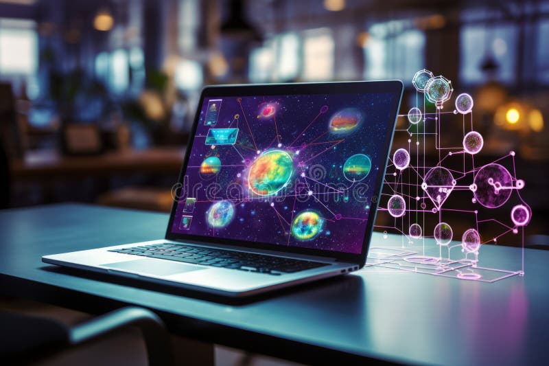Laptop with Abstract Glowing Planet Hologram on the Table. 3d Rendering ...