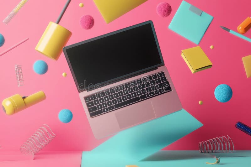 Laptop and Abstract Objects Floating on a Pink Background Stock ...