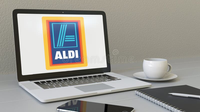 Laptop with Aldi Logo on the Screen. Modern Workplace Conceptual ...