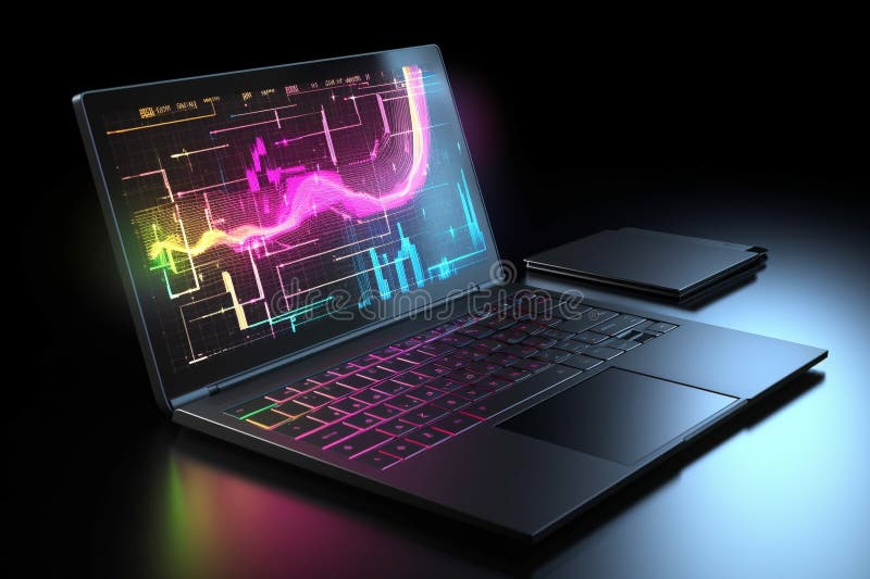 A Laptop with Analytical Data and Chart Flows. 3D Rendering ...