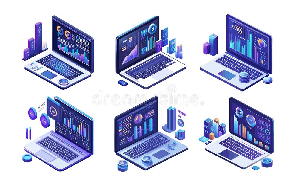 Laptop Analytics Isometric Vector Concepts. Notebook Chart Bars Graphic ...