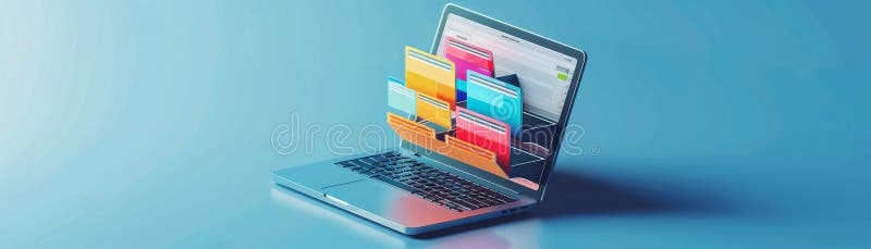 Laptop with an Animated File Drawer Interface Highlighting Data ...