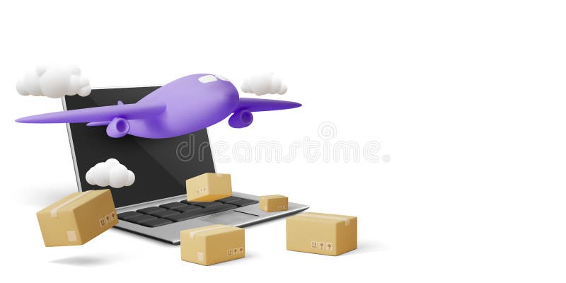 Laptop with APP Airplane Parcel Delivery. Brown Boxes with Shadow and ...