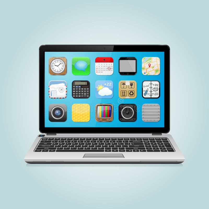 Laptop with app icons stock vector. Illustration of honey - 67734931