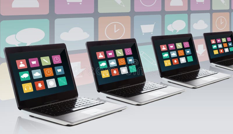 Laptop with Application Icons Menu on Screen Stock Illustration ...