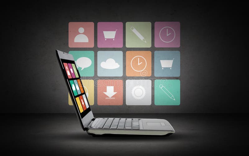 Laptop with Application Icons Menu on Screen Stock Illustration ...