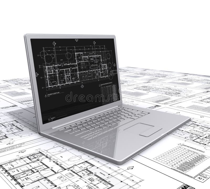 Laptop architectural plans stock illustration. Illustration of white ...