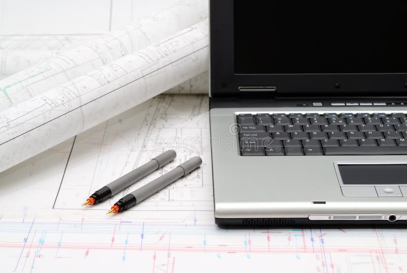 Laptop with Architectural Plans Stock Photo - Image of outline, office ...