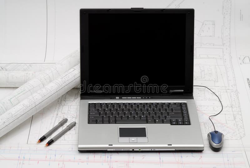 Laptop with Architectural Plans Stock Image - Image of concept ...