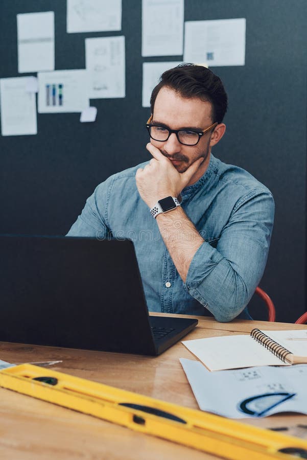 Laptop, Architecture and Thinking Man in Office for Building Project ...