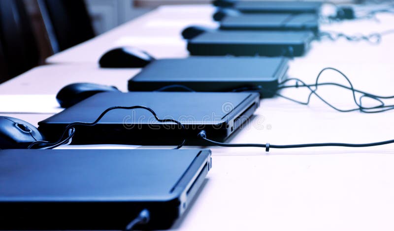 Laptop Arranging Rows on Table in Training Room Stock Image - Image of ...