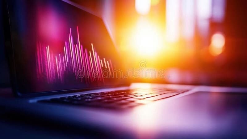 Laptop with Audio Waveform on Screen in Warm Lighting Stock ...