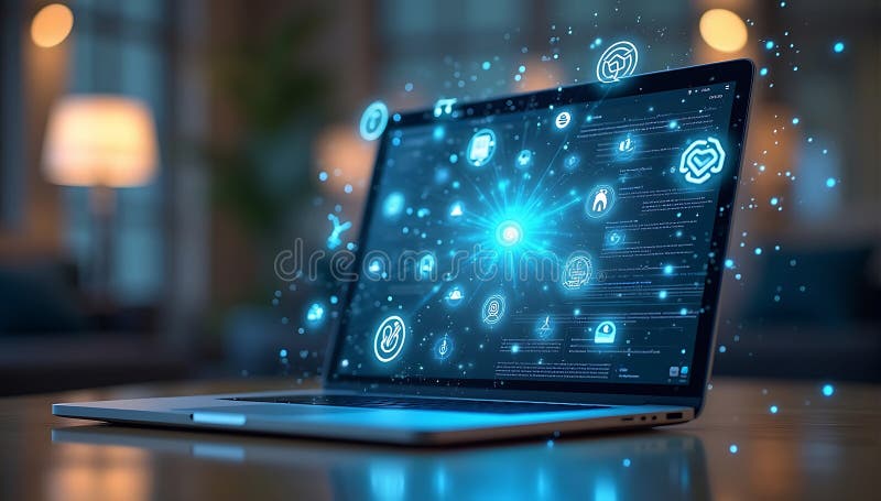 A Laptop with an Augmented Reality Overlay Featuring Digital Elements ...