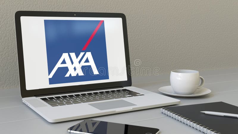 Laptop with AXA Logo on the Screen. Modern Workplace Conceptual ...
