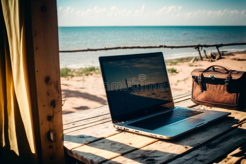 Laptop on the Background of the Sea. Remote Work Concept Stock ...