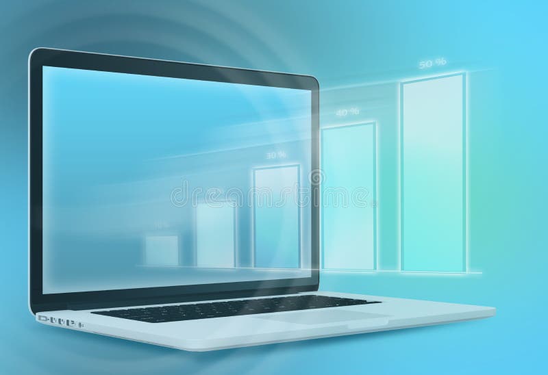 Laptop and Bar Chart Flying from Screen on Stock Illustration ...