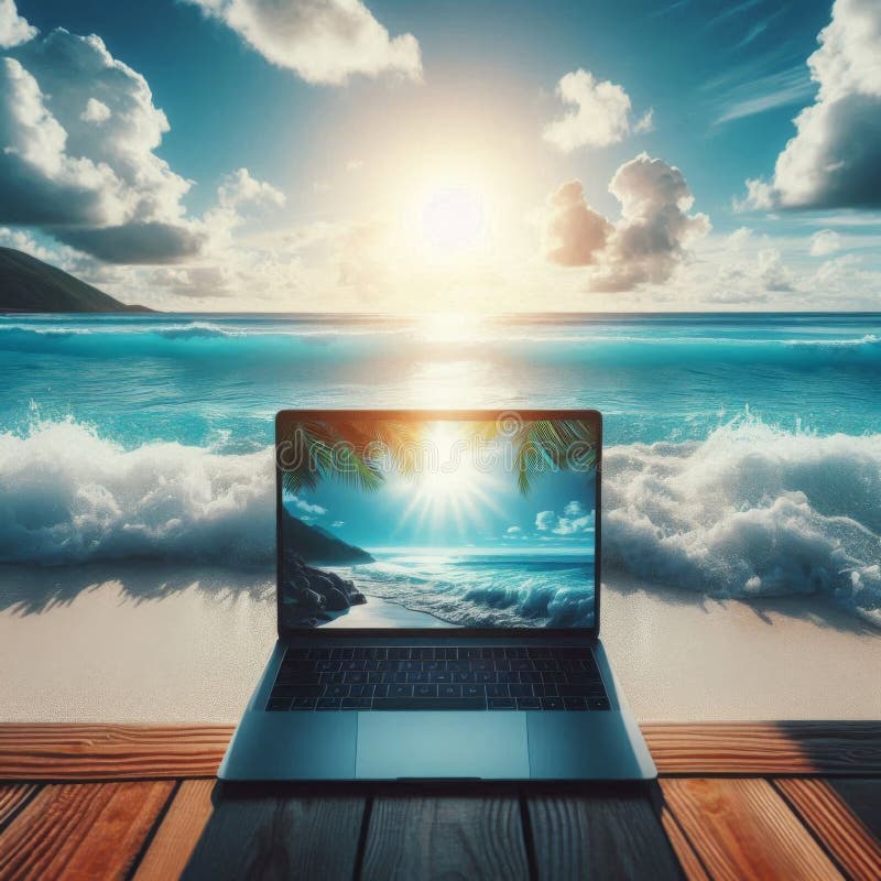 Laptop on Beach with Bright Sun, Capturing Remote Work Freedom by the ...